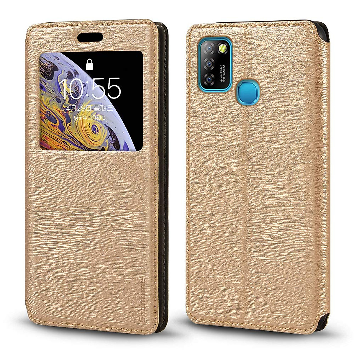 Infinix Smart 5 Case, Wood Grain Leather Case with Card Holder and Window, Magnetic Flip Cover for Infinix Smart 5