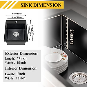 Black Kitchen Sink, Stainless Steel Topmount Bar Sink 15x17x9 Inch Single Bowl Drop In Kitchen Sink Combo-Stainless Steel Sink Grid,Drain Basket,Faucet Mat,Drain Strainer Set for Modern Kitchen Sink