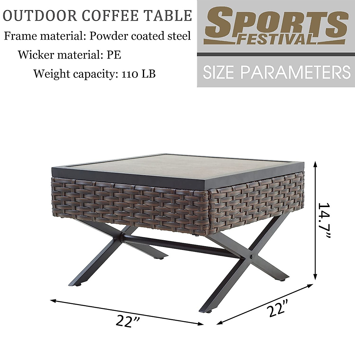 Sports Festival Outdoor Furniture Side Coffee Table Patio Bistro Table with Wood Grain Tabletop with Metal Frame and X Shaped Leg Wicker Rattan Table for Porch Yard