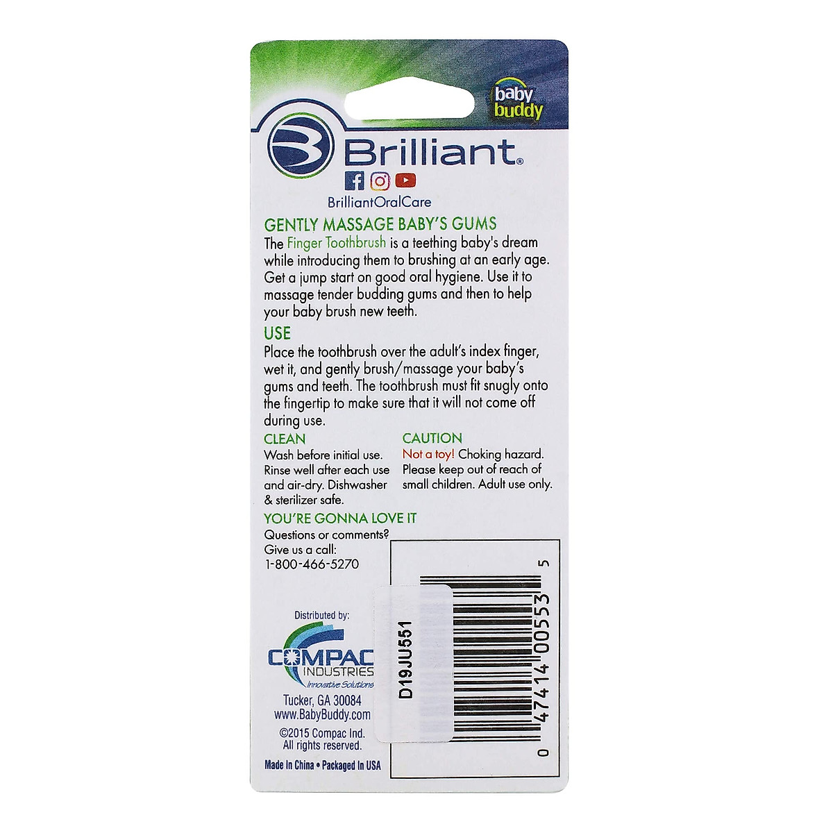 Brilliant Baby Finger Toothbrush - Silicone Gum Massager and Teether Brush for Infant-Toddler, 3 Months Old and Up, Blue/Clear, 2 Count