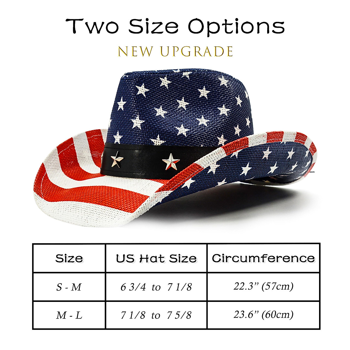 FLUFFY SENSE. American Flag Cowboy Hat USA Vintage Western Style Party Parade Rodeos Patriotic Unisex Cowboy Cowgirl Hat (US, Alpha, Medium, Large, Blue USA Pride)