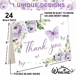 Whaline 24Pcs Floral Butterfly Thank You Cards Purple Flower Greeting Cards with Envelope Stickers Spring Watercolor Blank Note Cards for Birthday Wedding Baby Shower Bridal Shower, 4 x 6 Inch