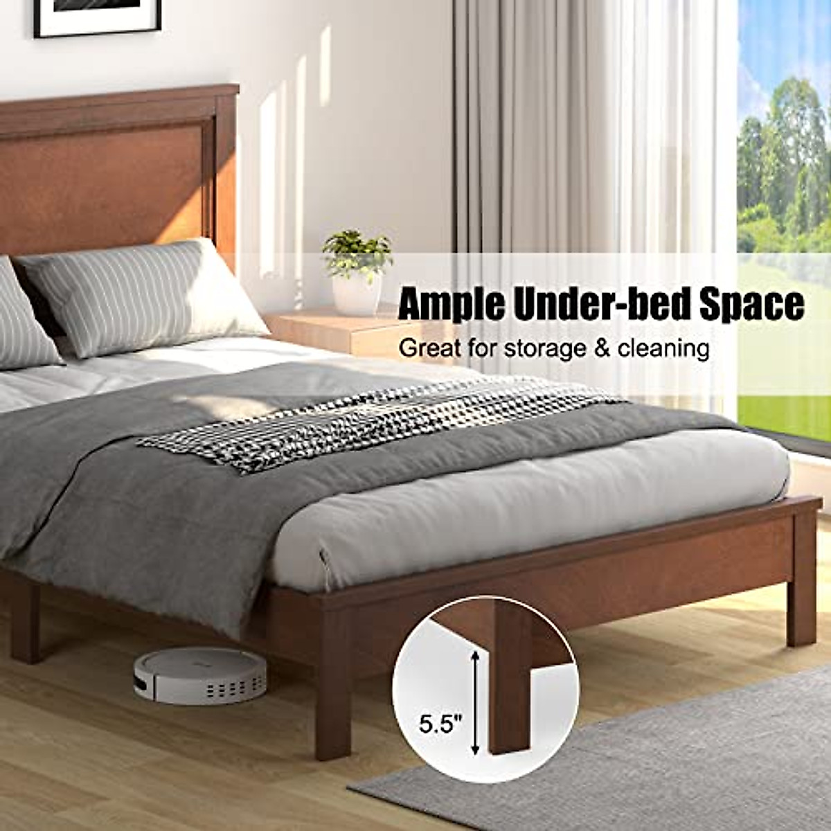 KOMFOTT Wood Full Bed Frame with Headboard, Mid Century Platform Bed with Solid Wood Slats Support & Rubber Wood Legs, Slatted Bed Mattress Foundation, No Box Spring Needed, Easy Assembly