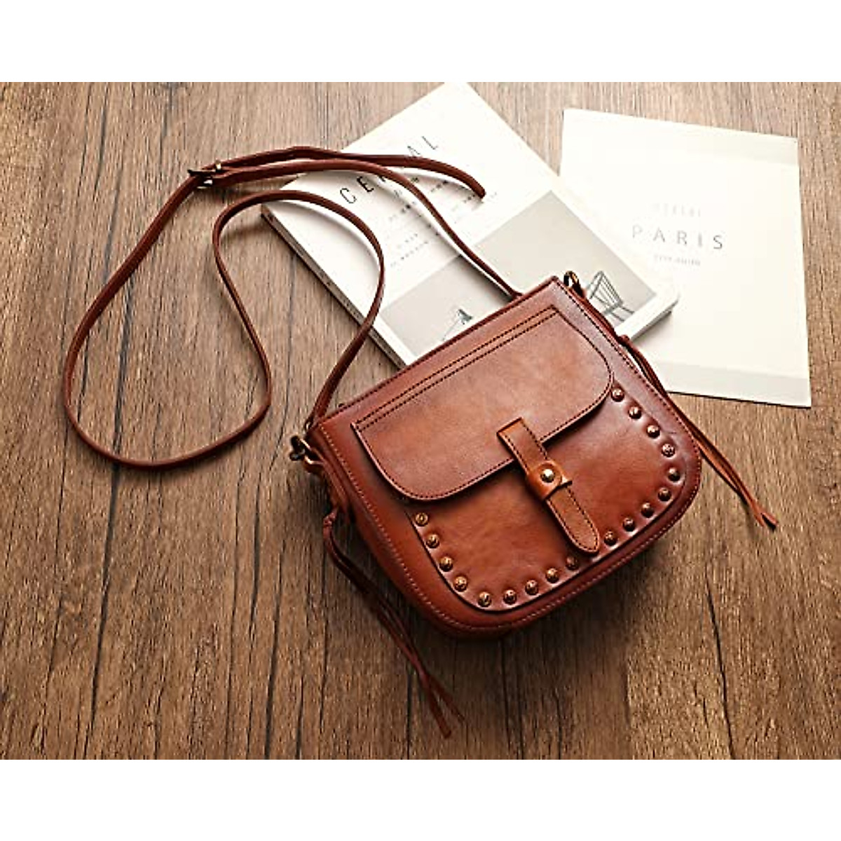 Montana West Genuine Leather Crossbody Bags for Women Vintage Studded Purse Brown MWG02-9065BR