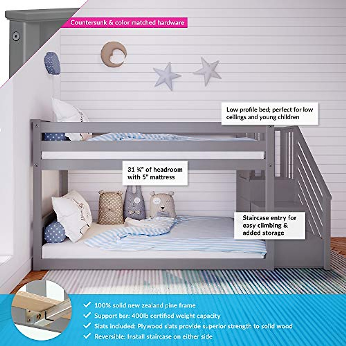 Max & Lily Low Bunk Bed, Twin-Over-Twin Bed Frame For Kids With Stairs, Grey