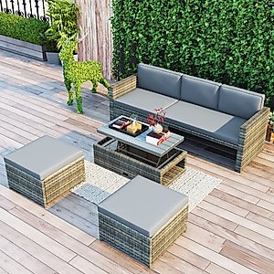 Brabrety 4 Pieces Outdoor Patio Furniture Sets,All-Weather PE Wicker Sectional Sofa Set with Retractable Table,Conversation Set for Backyard, Free Combination