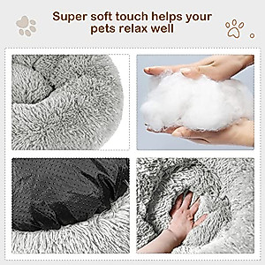 CAPSCEOLL Calming Dog Cat Bed Round Donut Dog Bed Warming Fluffy 20 Inches Anti-Anxiety Bed for Small Medium Dogs and Cats with Non-Slip Bottom,Grey
