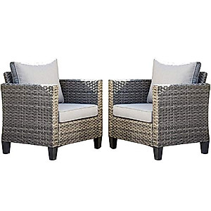 OVIOS Patio Furniture Set 2 Wicker Chairs All Weather Outdoor Single Chairs Patio Dining Chairs Manual Weaving Rattan Sofa, Garden Porch Backyard, Steel (Pure Grey)