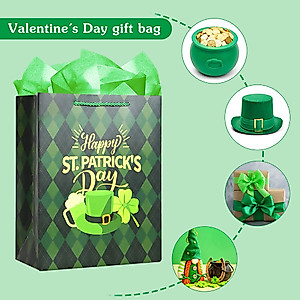 D4DREAM Happy St Patrick's Day Gift Bags 11.5" Large Green Buffalo Plaid Gift Bag with Tissue Paper St. Patricks Day Gift Wrapping Bag with Handle for Kids Classroom Party Favor Supplies