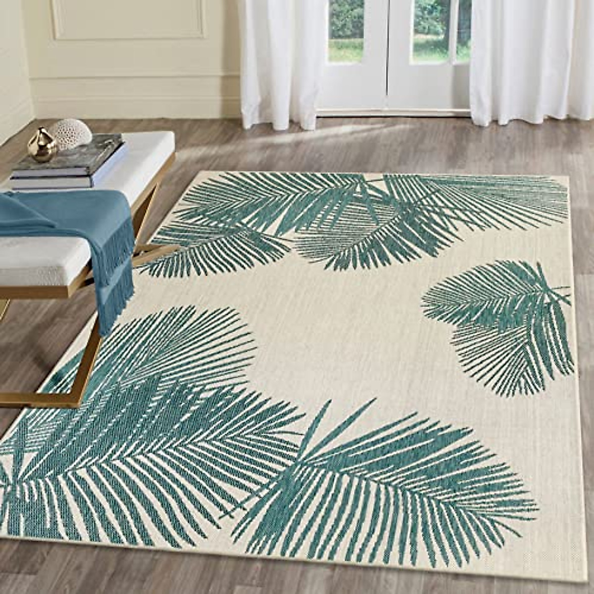 Liora Manne Carmel Indoor Outdoor Rug - Nature Styled Rug, Comfortable & Durable, Power Loomed, Polypropylene Material, UV Stabilized, Palm Aqua, 6'6" x 9'3"