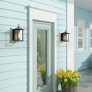 LALUZ Rectangle Outdoor Light Fixtures Wall Mount, Weather-Proof Porch Lights Outdoor with Water Ripple Glass, Anti-Rust Outdoor Wall Lantern for Patio, Yards, Garden, Front Door, Matte Black Finish