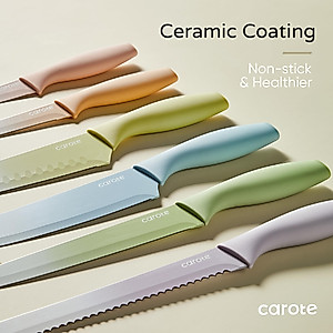 CAROTE 12Pcs Kitchen Knife Set, Stainless Steel Blade with Ceramic Nonstick Coating, Cutlery Knives with Blade Guards, Dishwasher Safe, Multicolored