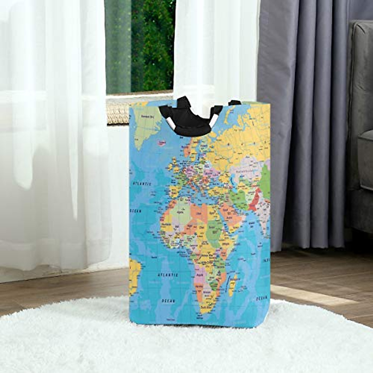 Baofu World Map Laundry Hamper Large Dirty Foldable Clothes Bags Waterproof Durable Lightweight Oxford Round Collapsible Storage Basket Organization with Handles for Home Bathroom Bedroom