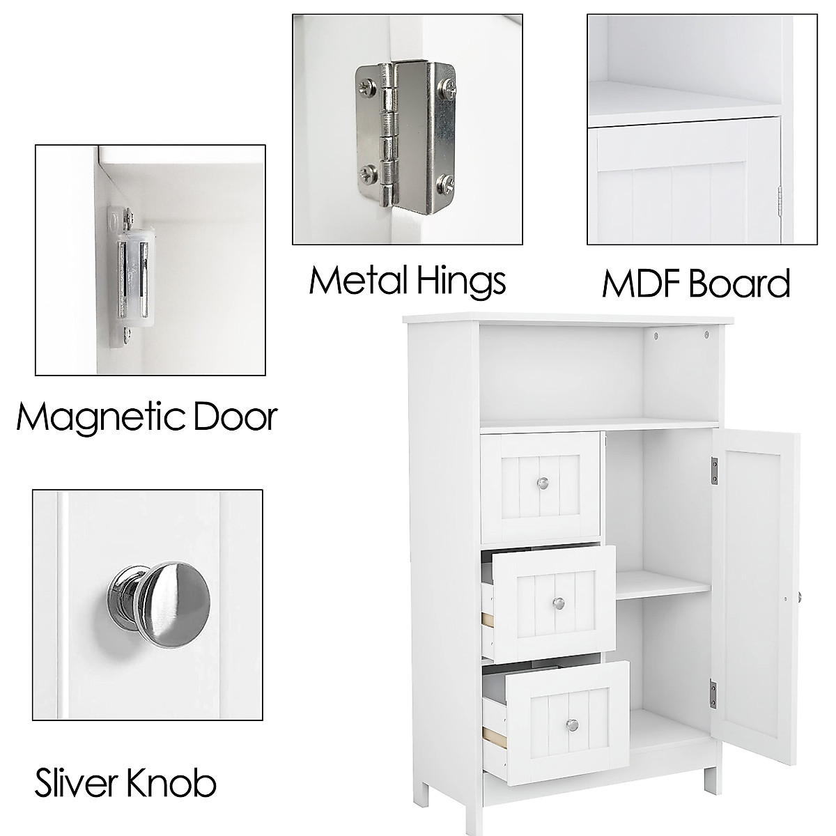 OQSC 39.4 Tall White Bathroom Floor Cabinet Freestanding Storage Cabinet Side Storage Organizer with 3 Drawers&1 Cupboard&1 Shelf for Bathroom Living Room Entryway