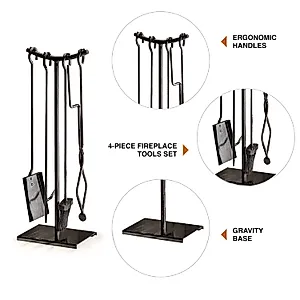 2WAYZ 5-Piece Fireplace Tools Set - Modern Glossy Finish Black Fireplace Accessories - Includes Tongs, Fire Poker, Shovel, and Brush - Powder-Coated Cast Iron Fire Pit Tools for Chimney - 25x9x2-Inch