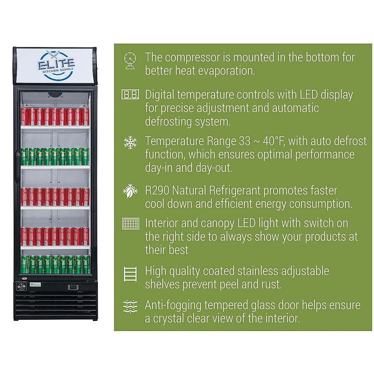 Elite Kitchen Supply Commercial Glass Door Merchandiser Refrigerator, ETL NSF Upright Display Fridge Cooler, Fan Cooling Stainless Steel, Black, 27" W 14.7 cu. ft. GDC-14