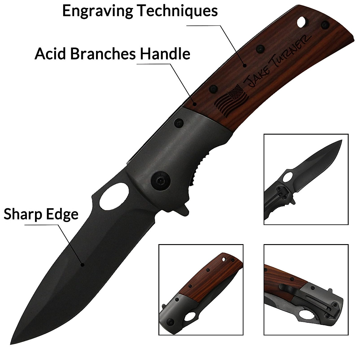 Gifts for Men Personalized Pocket Knife Engraved Folding Pocket Knives for Men Dad Husband Boyfriend Son Custom Wood Handle Fishing Hunting Knives Birthday Anniversary Father's Day Christmas Gifts
