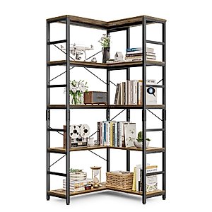 APPOLYN Corner Shelf, 5 Tiers Corner Bookshelf, Wood and Metal Bookcase Storage Shelf, Tall Corner Cabinet for Living Room, Bedroom, Home Office and Kitchen