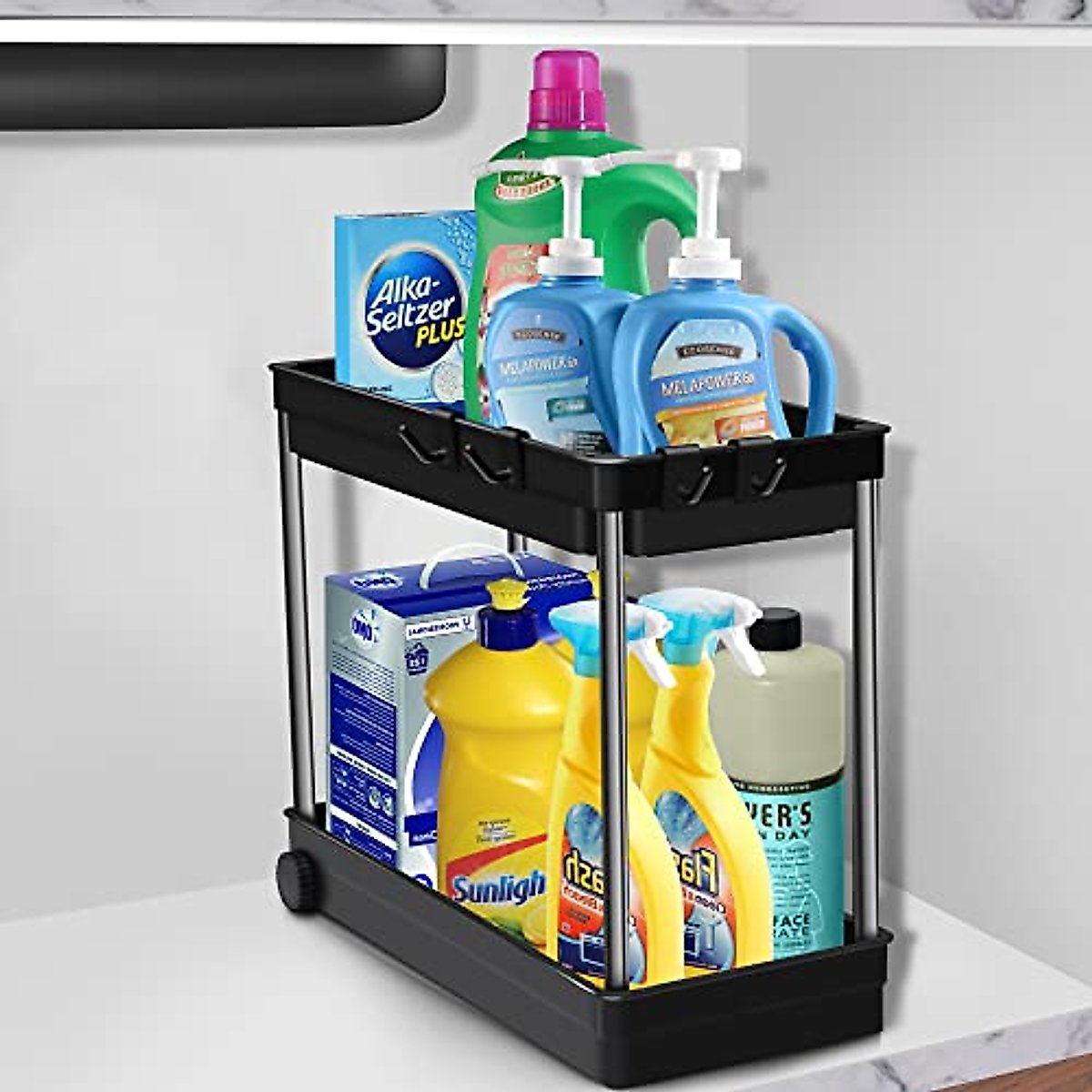 Durmmur [Upgrade Wheels] Under Sink Organizers and Storage, Slide Out Multi-Purpose 2 Tier Bathroom Organization Countertop or Undersink Shelf, Kitchen Under Cabinet Container Basket Caddy with Hooks