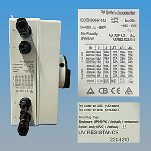 MicrOutdoor Solar Panel Switch Disconnect IP66 Solar Disconnect Switch Box 64A Solar PV DC Isolator Switch Disconnector Solar Combiner Box for Solar Panels PV DC Switch for Solar Power System