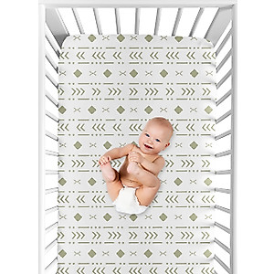 Sweet Jojo Designs White Sage Boho Tribal Mudcloth Boy Girl Fitted Crib Sheet Baby or Toddler Bed Nursery - Green Woodland Bohemian Southwest Geometric Arrow Gender Neutral Aztec Mud Cloth
