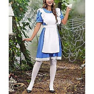 Spadehill Women's Halloween Puff Sleeve Lace Hemline Costume Alice Adult Princess Cosplay Dress Blue White S