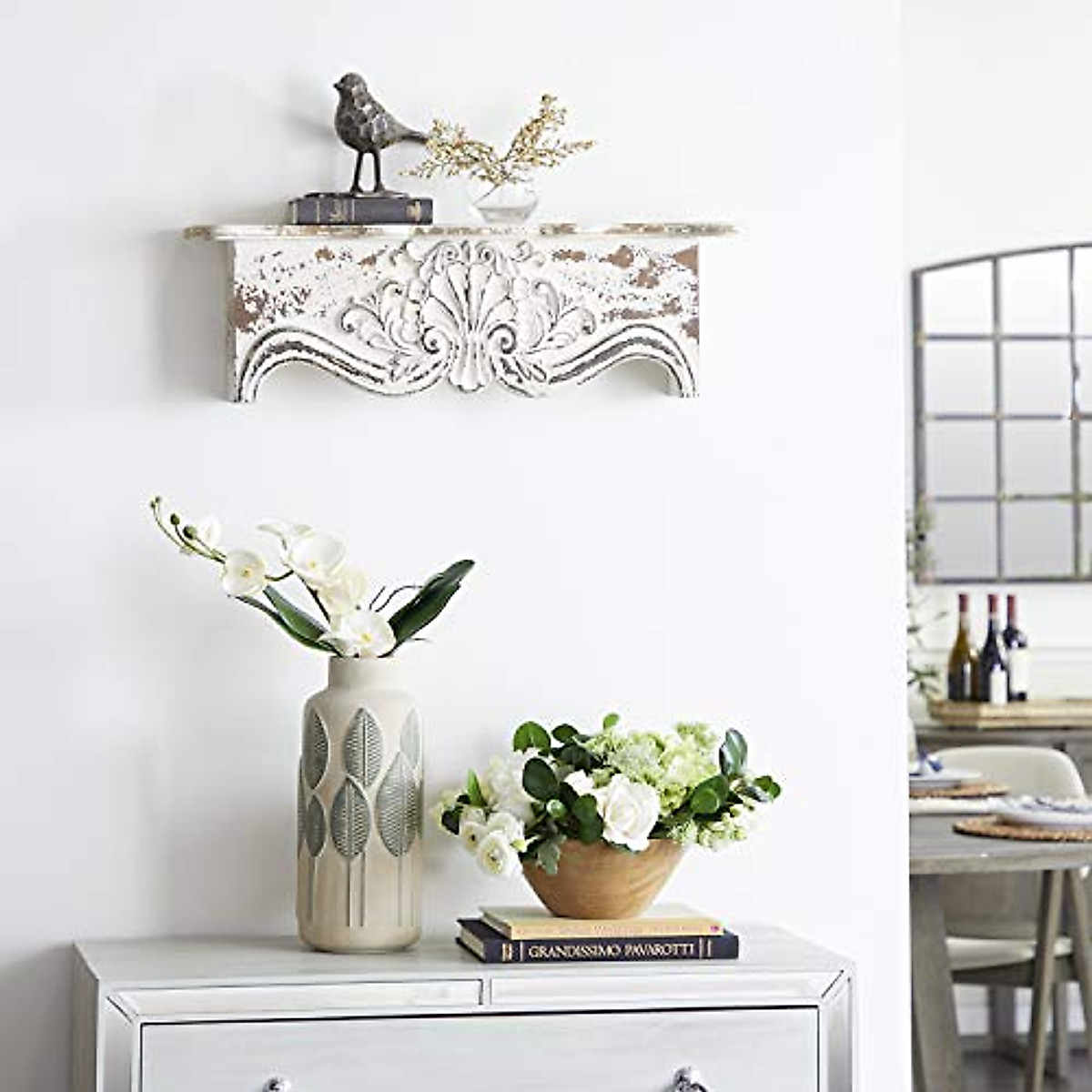 Deco 79 Wood Scroll 1 Shelf Wall Shelf, 28" x 6" x 9", Brown