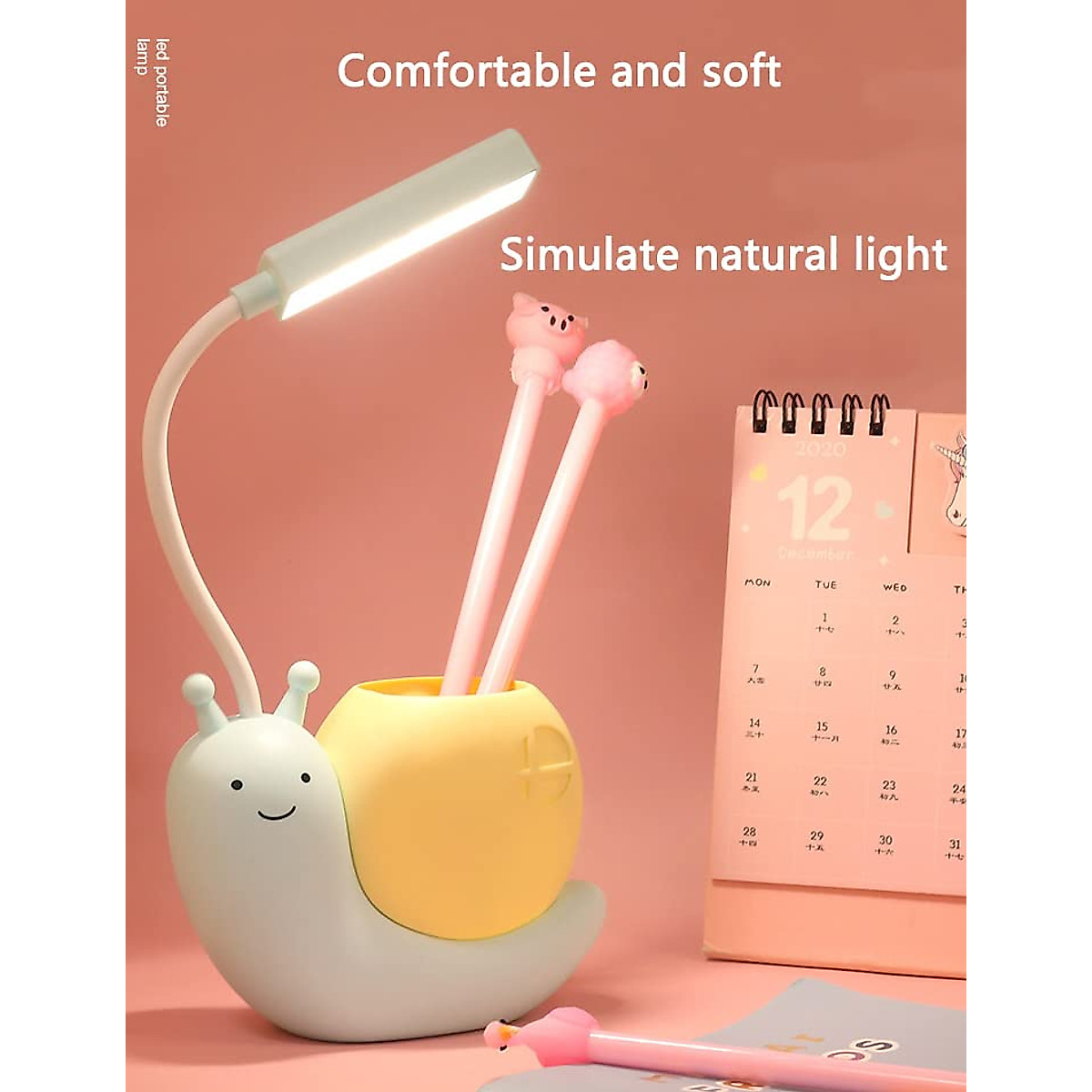 Cute Kids Lamp with Pen Holder,LED Desk Lamp for Child,Snail Shape USB Charging Student Learning Eye Protection Lamp with 360° Bendable Adjustable Neck Yellow