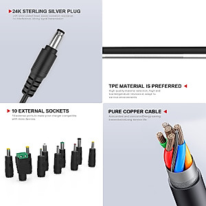 12V 2A AC Adapter Charger Replacement with 10 Tips, Regulated 12 Volts 2000mA Power Supply Cord for LED Strip Light, CCTV Camera, BT Speaker, GPS, Webcam, Router, DC12V Transformer (9.85ft)