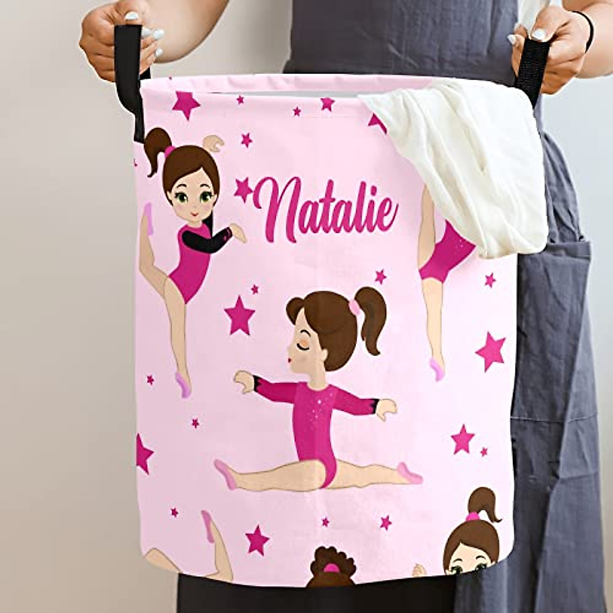Yeshop Gymnastics Girl Pink Star Personalized Laundry Basket Clothes Hamper with Handles Waterproof ,Collapsible Laundry Storage Baskets for Bathroom,Bedroom Decorative 19.7 inch Hx14.2 inch D