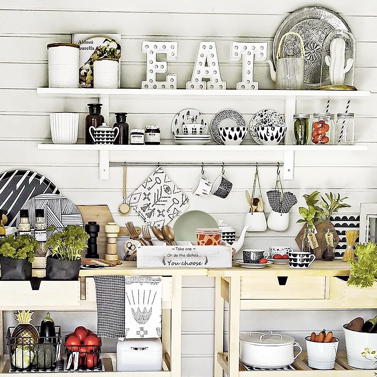 Paper Plate Holder Kitchen Countertop Plate Organizer Utensil Holder Rustic Utensil Caddy Paper Plate Dispenser Cutlery Holder Farmhouse Kitchen Decor with 4 Compartments for Flatware Spoon