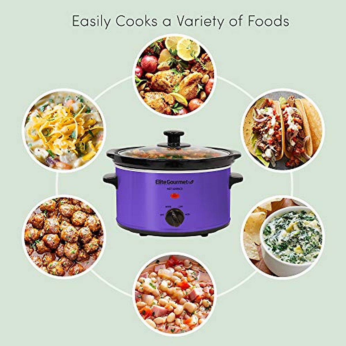 Elite Gourmet MST-275XP# Electric Oval Slow Cooker, Adjustable Temp, Entrees, Sauces, Stews & Dips, Dishwasher Safe Glass Lid & Crock (2 Quart, Purple)