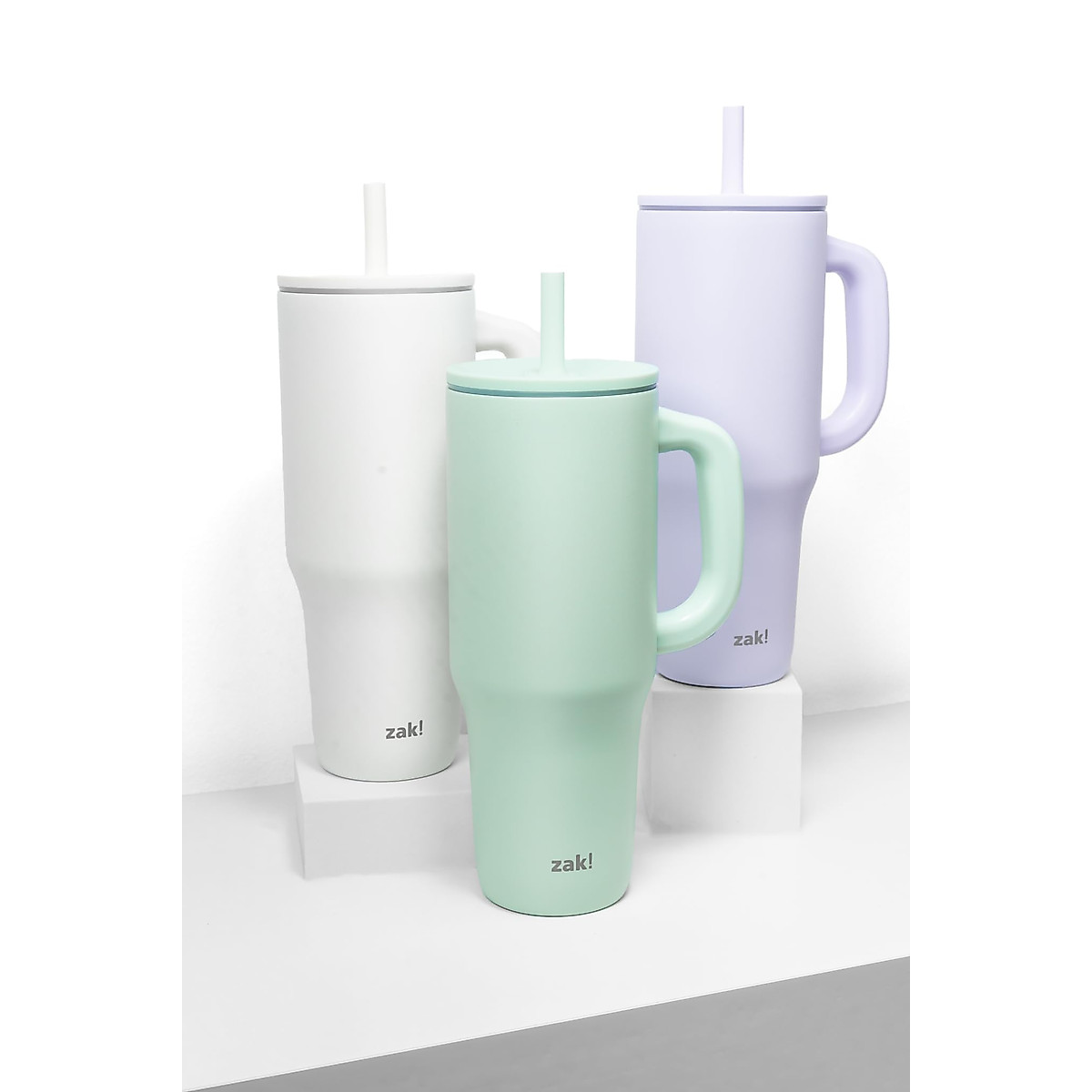 Zak Designs Sutton Travel Tumbler for On the Go, 40oz Stainless Steel with Vacuum Insulation, Silicone Straw, and Carry Handle for Cold Drinks (Cream White)