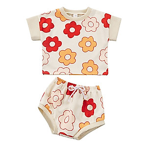 LIOMENGZI Baby Girl Shorts Outfit Flower Print Tank Top Drawstring Bloomer Set Toddler Girl Summer Clothes (Orange, 12-18 Months)