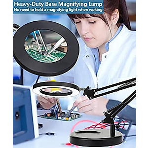10X Desk Magnifying Glass with Light, NUEYiO 2-in-1 Heavy Duty Base&Clamp Magnifying lamp, 4.1'' Real Glass Len, 3 Color Stepless Dimmable LED Lighted Magnifier Glass for Soldering Crafts Sewing