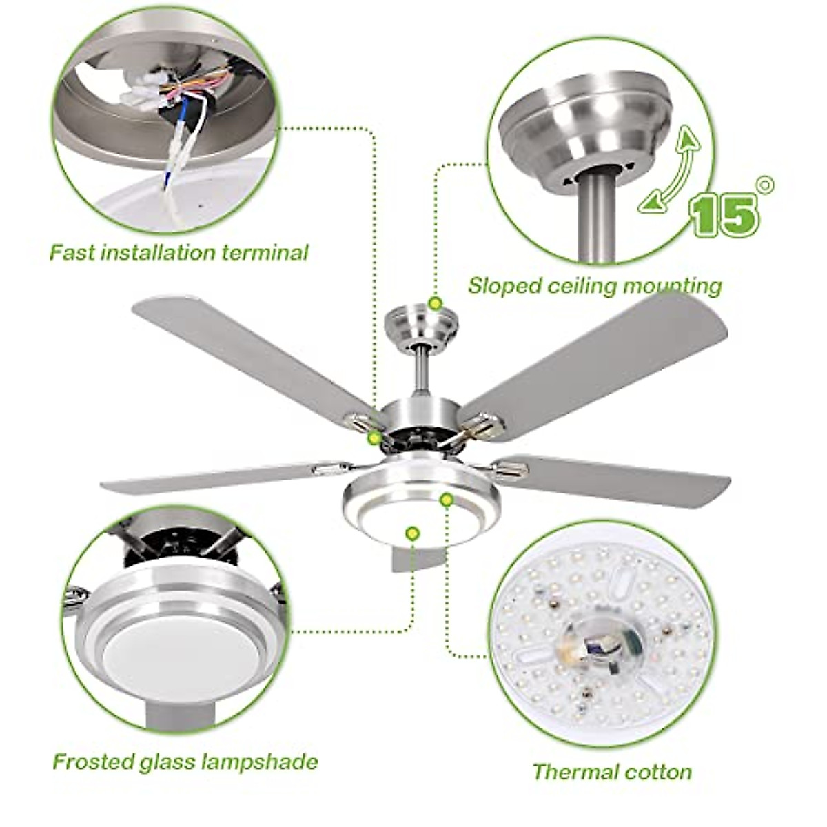 hykolity 52 Inch Ceiling Fans with Lights (Integrated LED) Remote Control, Reversible Motor and Blades, ETL Listed, for Patio Living Room, Bedroom, Office - Brushed Nickel (5-Blades)