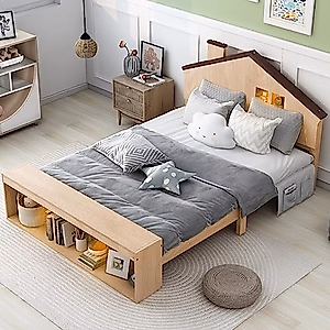 Ayvbir Full Size Platform Bed Frame with LED Lights and Storage, House Bed for Kids Bed Wood Platform Bed,Natural Bed Platform