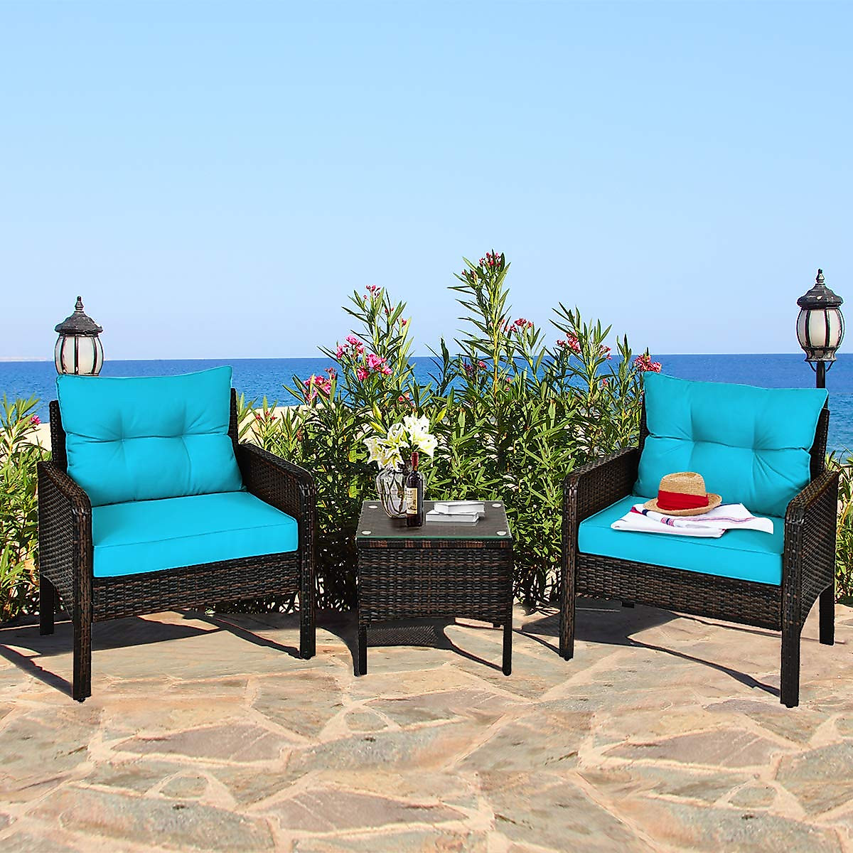 RELAX4LIFE 3-Piece Patio Furniture Set, PE Rattan Wicker Outdoor Conversation Set w/Glass Top Coffee Table & Thick Cushions for Deck Porch Balcony Garden, Bistro Table and Chairs Set of 2 (Turquoise)