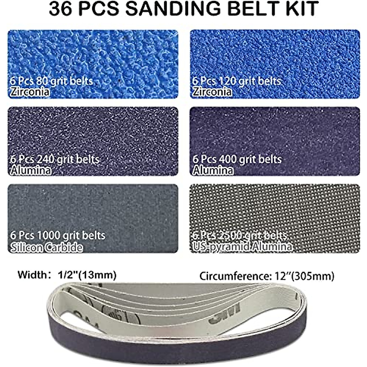 36 Pcs 1/2" x 12" Knife Sharpener Replacement Work knife Sharp Belts Kit, Sharpeners Sanding Belts Set for Work knife Sharp Knife Sharpener & Tool Sharpener, 6 Each of 80/120/240/400/1000/2500 Grits