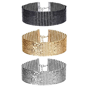 Tpocean 3 Pcs Women's Gold and Black Thick Rhinestone Metal Sequins Choker Necklace Set for Girls