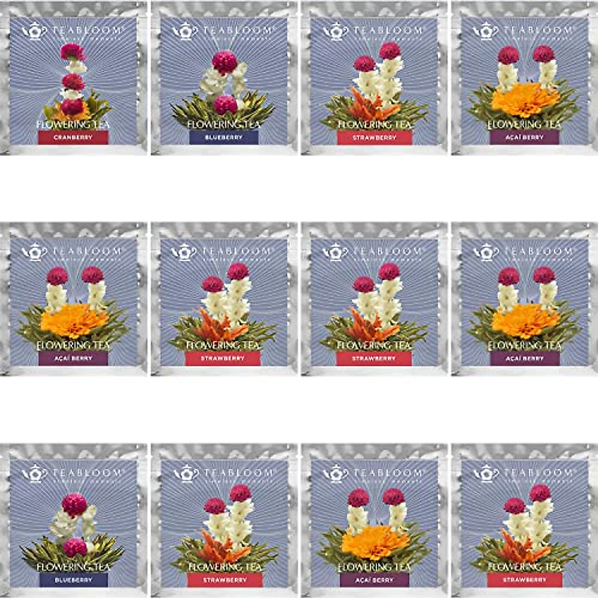 Teabloom Holiday Flowering Teas - 12 Assorted, Delicious Berry Blooming Teas - Premium Green Tea + Cranberry, Blueberry, Acai Berry & Strawberry