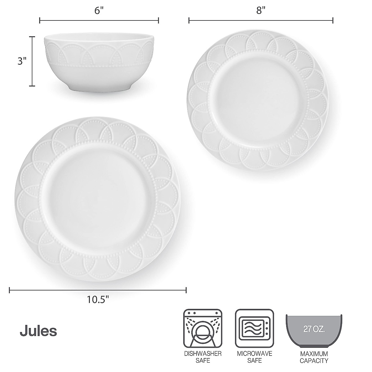 Pfaltzgraff Jules 12 Piece Dinnerware Set, Service for 4 White