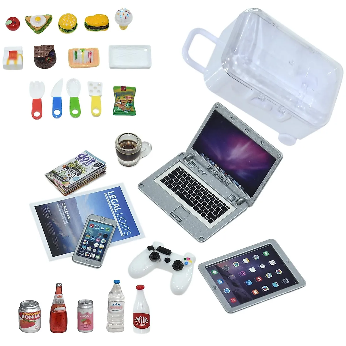 27 Pieces Dollhouse Mini Laptop Tablet and Smart Phone Newspaper Book Miniatures Hamburger Cake Coffee Juice Trolley case DIY Play Game Party Toys Accessories (Silver Set)