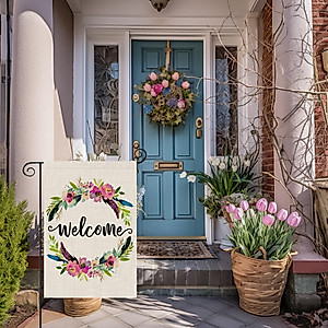 Spring Welcome Burlap Garden Flag (12x18, Double Sided) Small Mini Rustic Farmhouse Watercolor Decorative Yard Flag for Outside