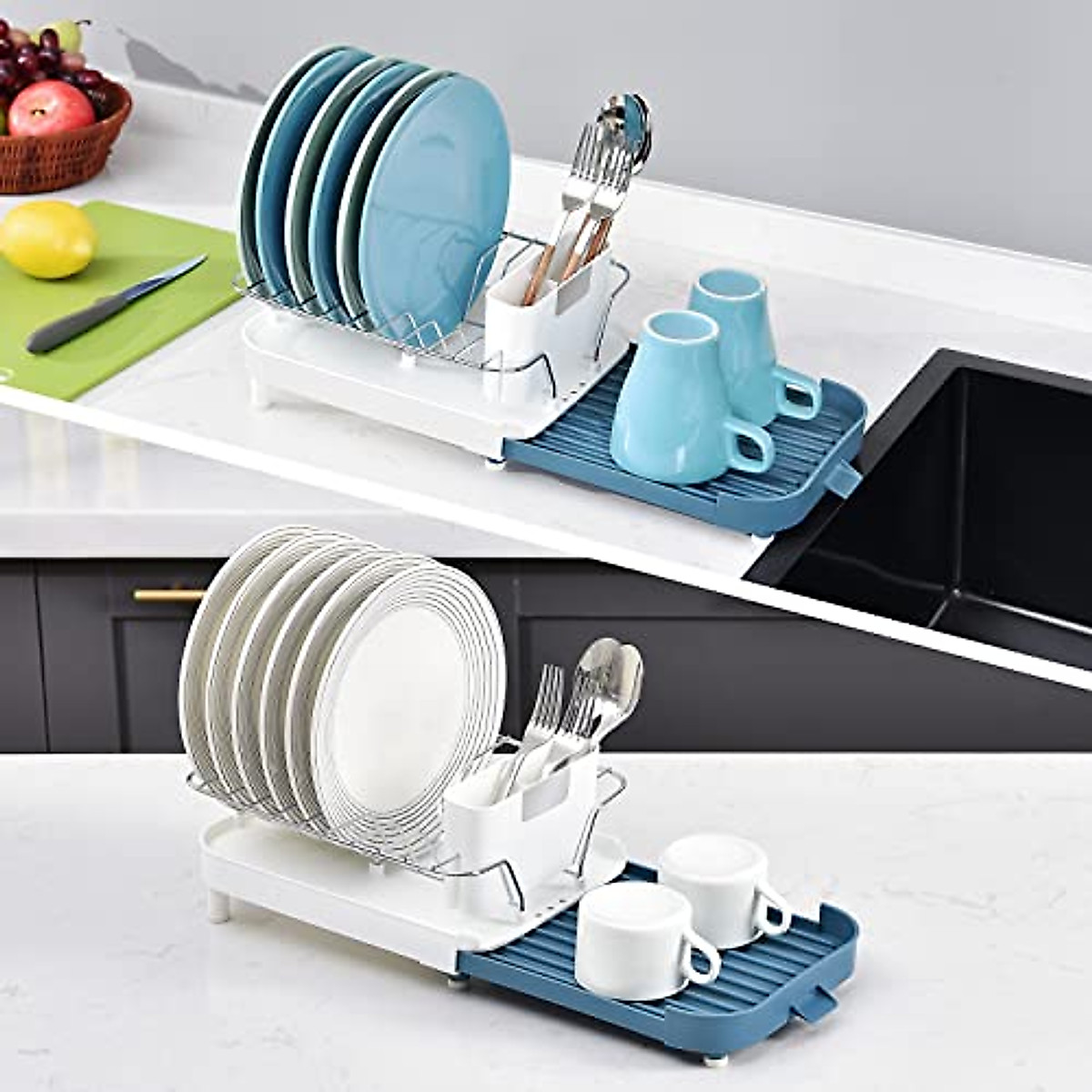 TOOLF Small Expandable Dish Rack, Compact Dish Drying Rack with Stainless Plate Rack, Rustproof Dish Drainer with Removable Utensil Holder in Sink Or On Counter for Kitchen, Small Space, RV
