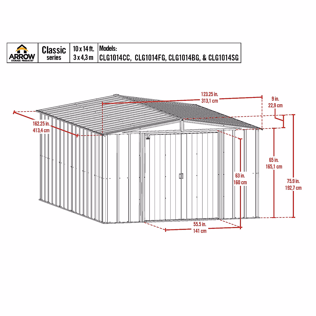 Arrow Classic Steel Storage Shed, 10x14, Charcoal