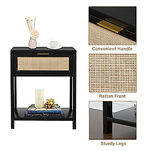 Anmytek 24" H Wood Nightstand, Mid-Century Modern End Table with Storage Drawer and Open Shelf Rattan Bedside Table Small Side Table for Living Room Bedroom, Black, H0020