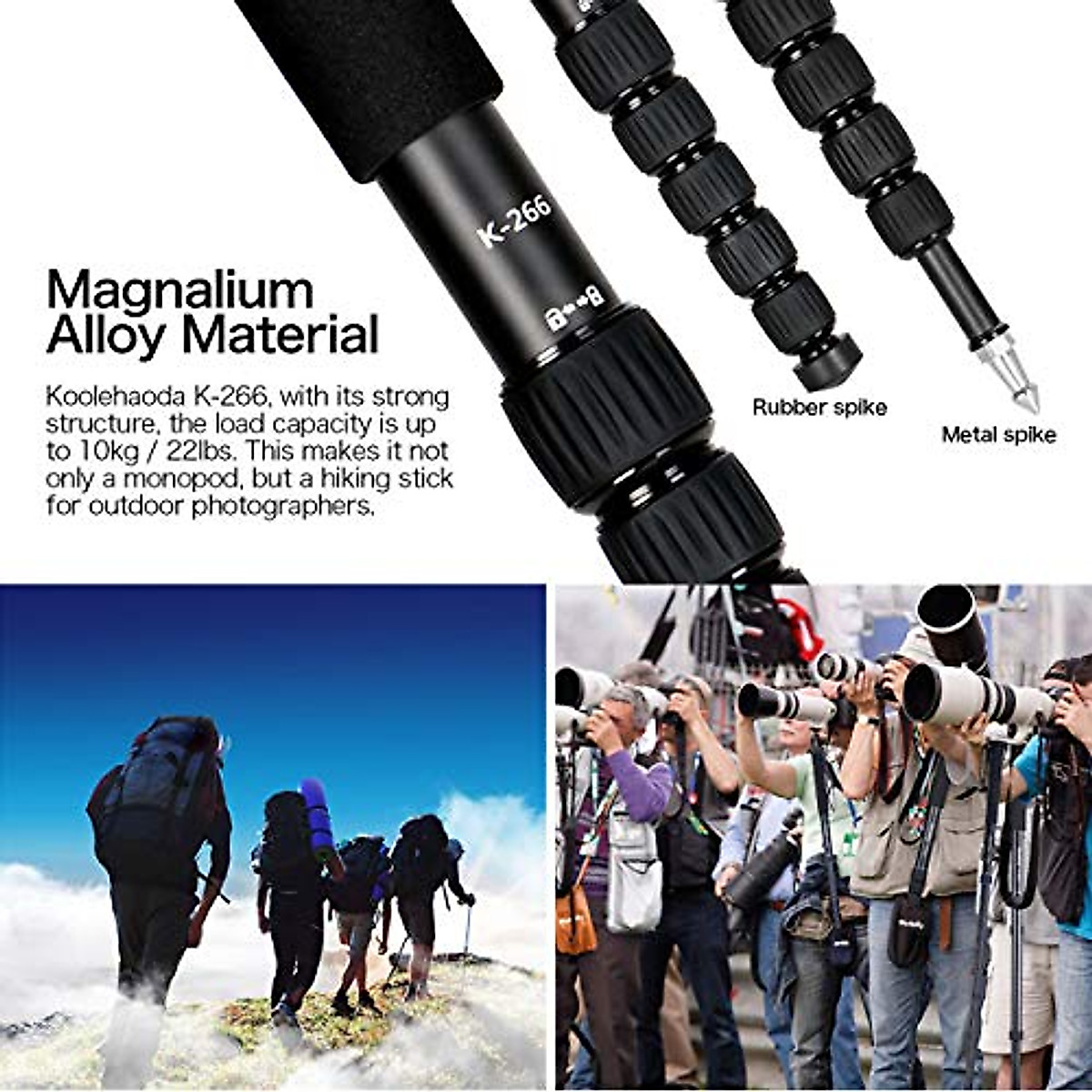 Koolehaoda 6-Section Monopod Compact Portable Photography Aluminum Alloy Unipod Stick, Max. Load 10kg / 22lbs, Folding Size is only 15-inch (K-266 Black)
