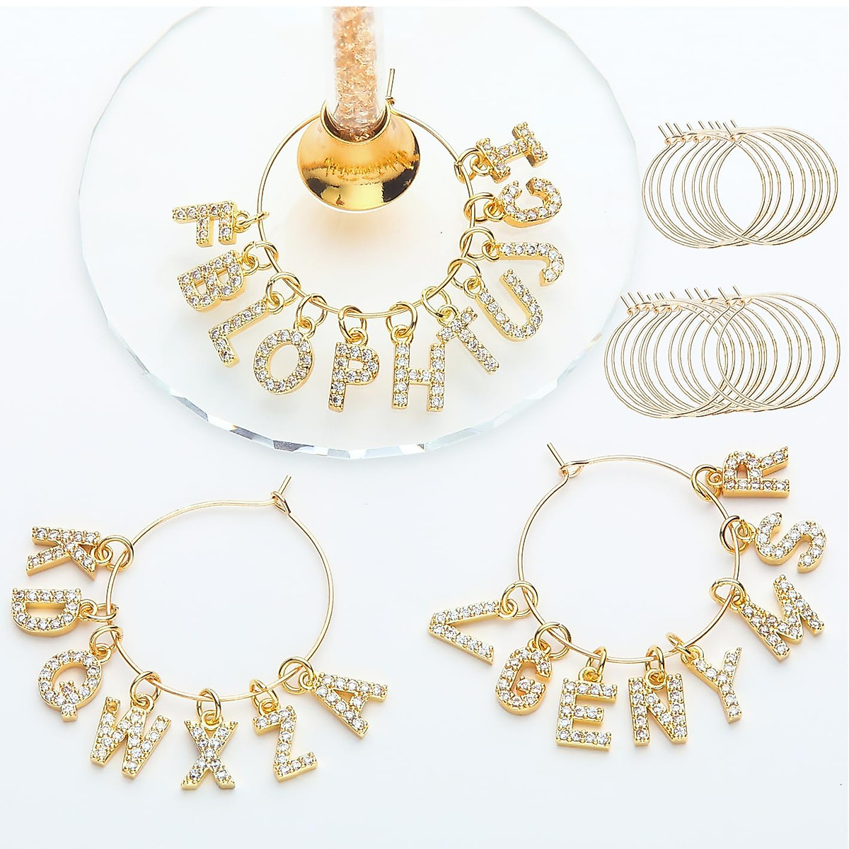 Pride & par Gold Bling Letter Wine Glass Charms, 26 piece/Set, Diamond Wine Glass Markers for Stem Glasses, Shinny Wine Glass Decoration Mix & DIY for Weddings, Parties (1)