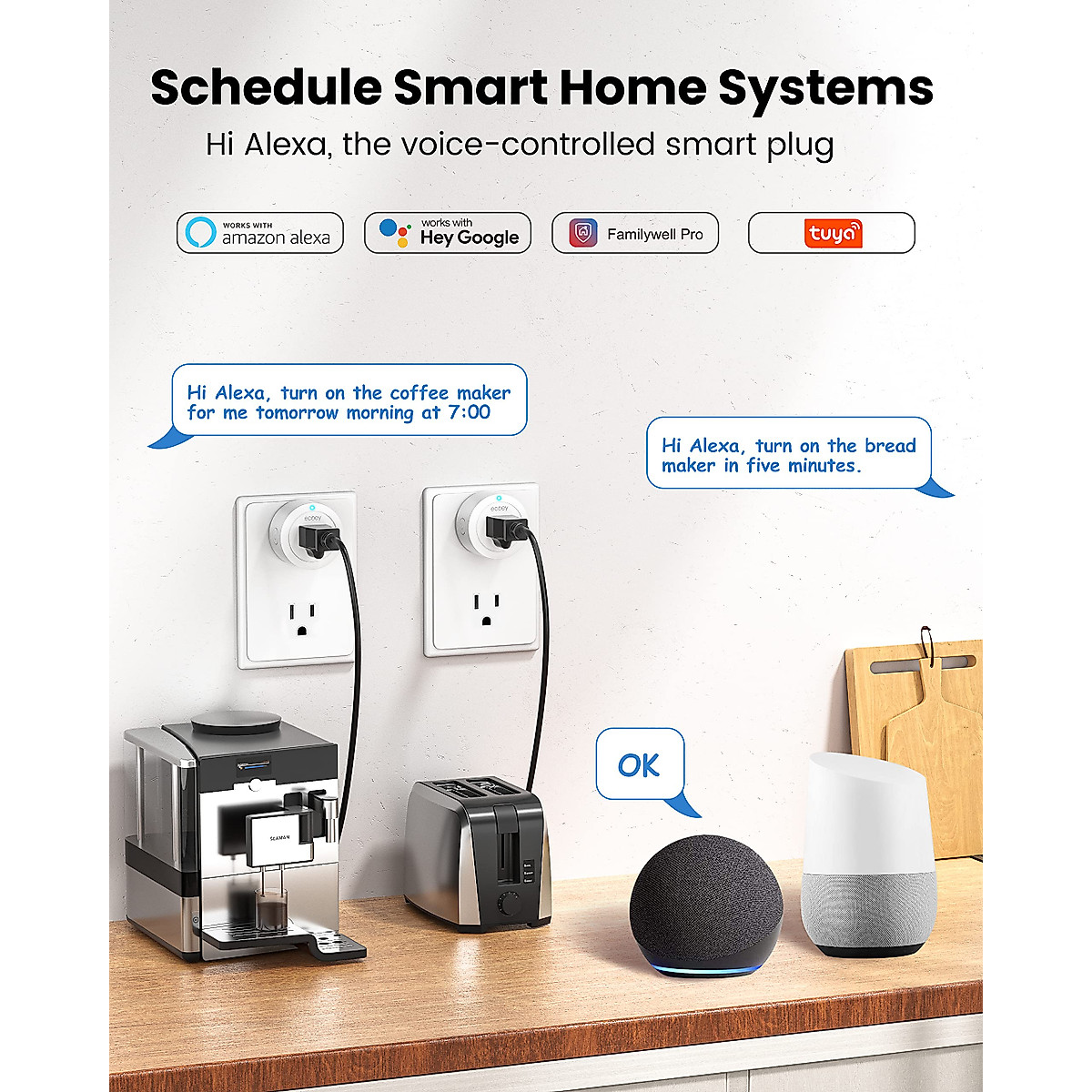 Ecoey Smart Plug - Smart Outlet with Alexa and Google Home for Voice Control, Smart Home Wi-Fi Outlet with Remote Control and Timing, Familywell Pro APP, ETL Listed, GW2001, 2 Packs